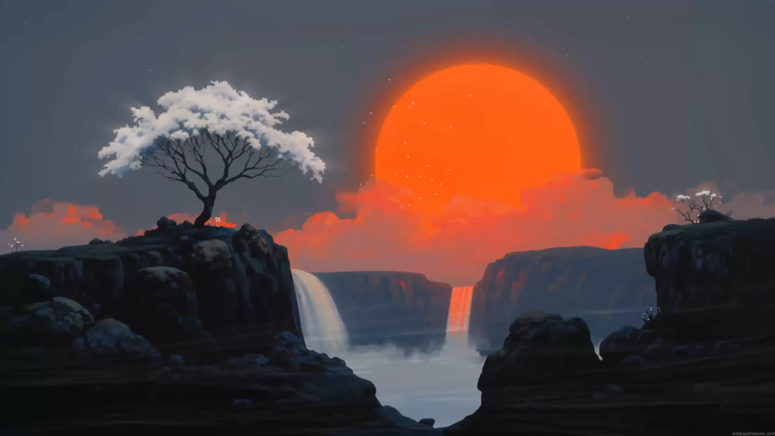 Glowing Sunset Waterfall Live Wallpaper