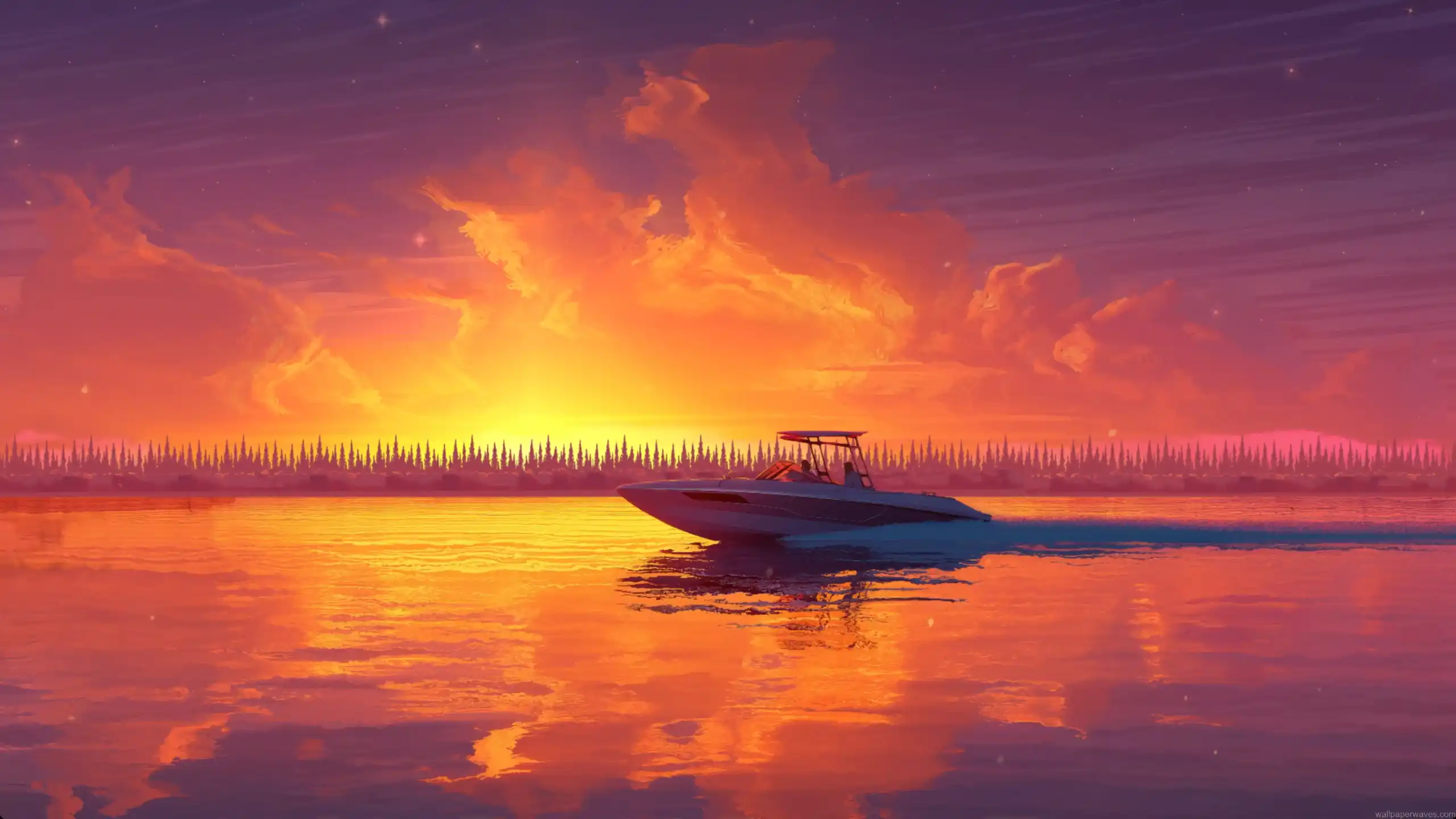 Miami Boat Sunset Lake Live Wallpaper