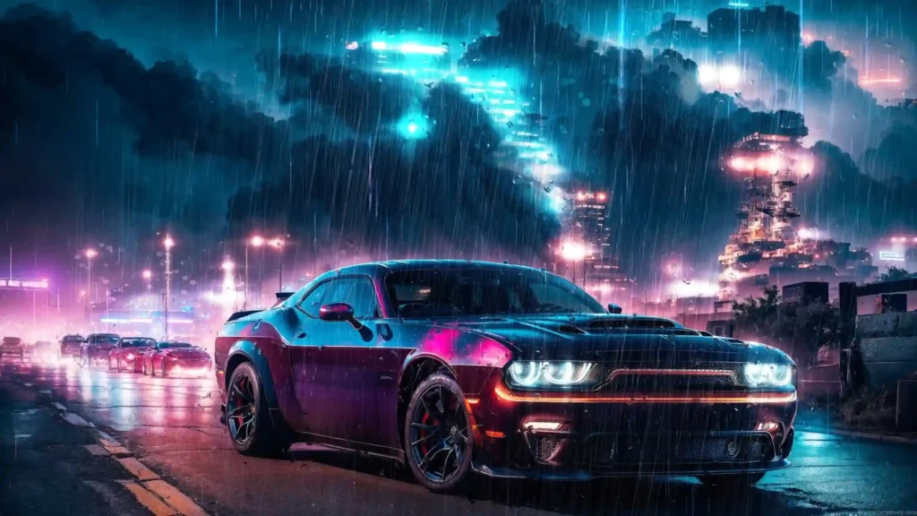 Cyberpunk Dodge Challenger Neon Rain Live Wallpaper