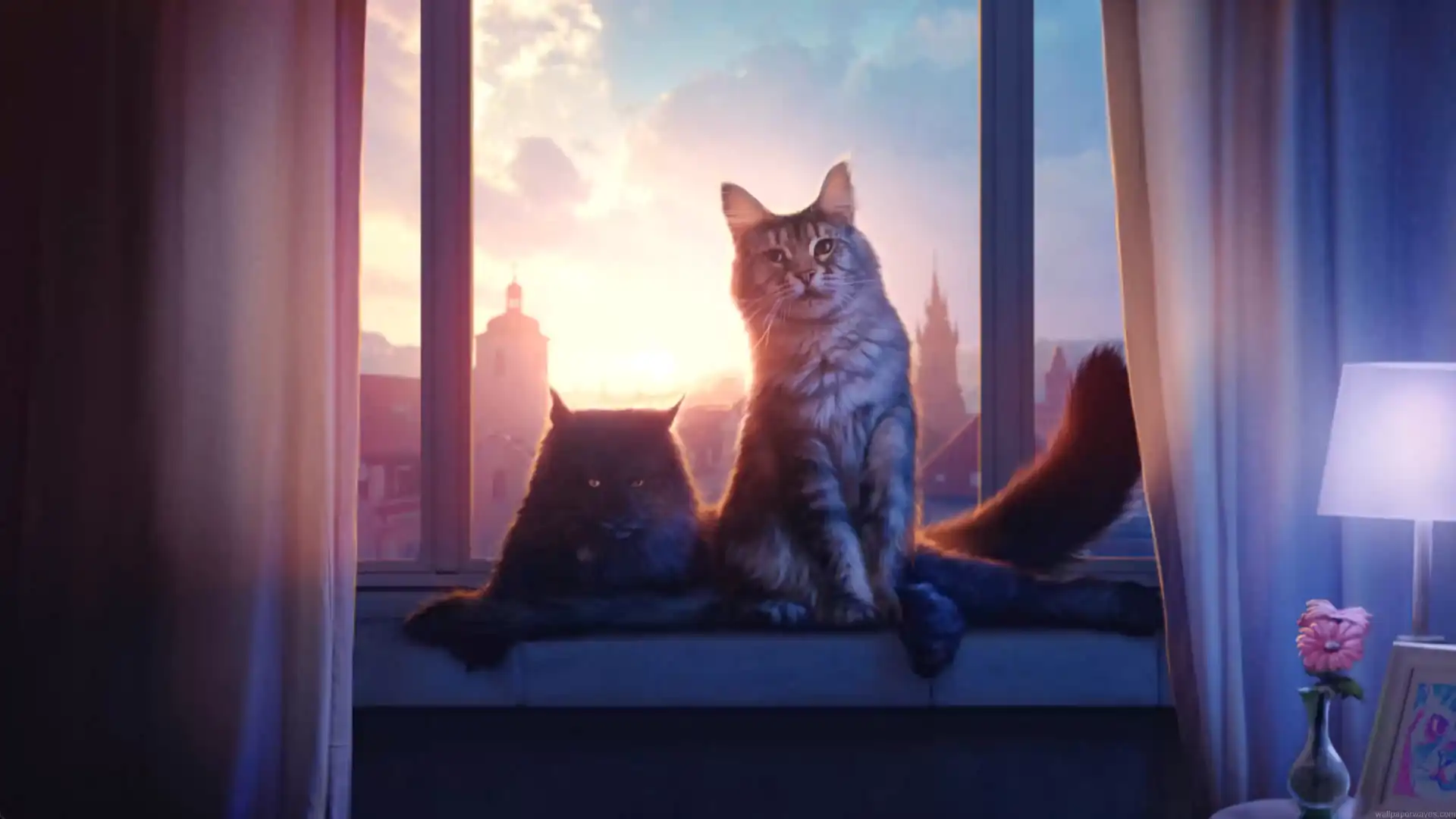 Two Cats at Window Sunset Live Wallpaper